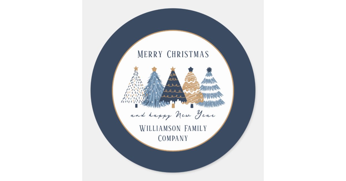 Navy Blue Trees Text Name Modern Christmas Holiday Classic Round ...