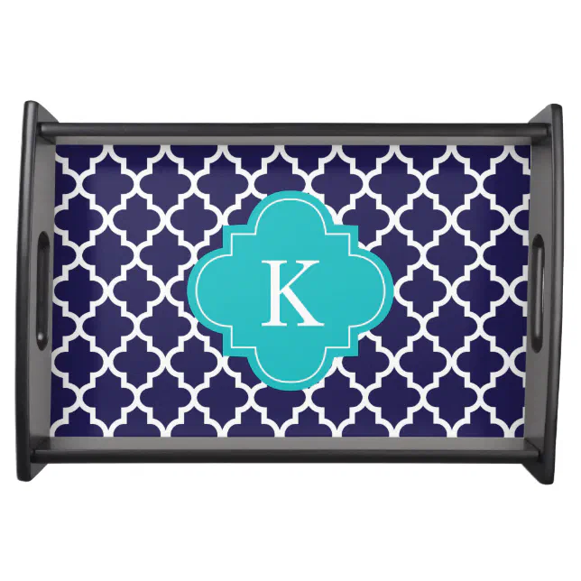 Navy Blue Turquoise Quatrefoil Pattern & Monogram Serving Tray | Zazzle
