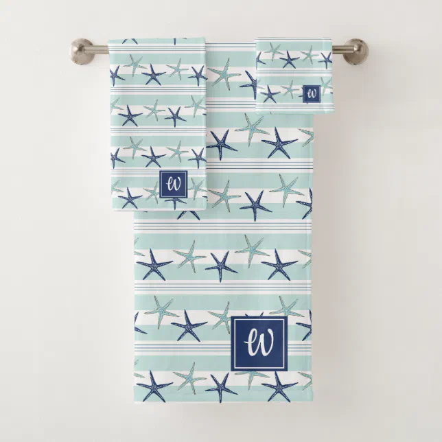 Navy Blue Turquoise Star Fish Striped Monogrammed Bath Towel Set | Zazzle