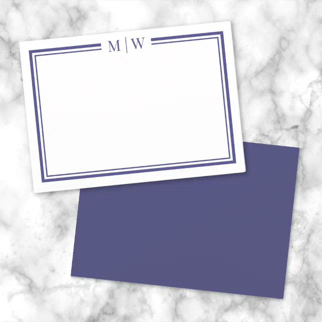 Navy Blue Two Border Minimalist Monogram Note Card | Zazzle