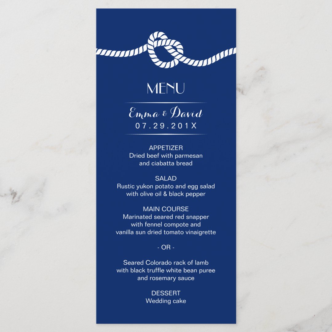 Navy Blue Tying the Knot Nautical Wedding Menu | Zazzle