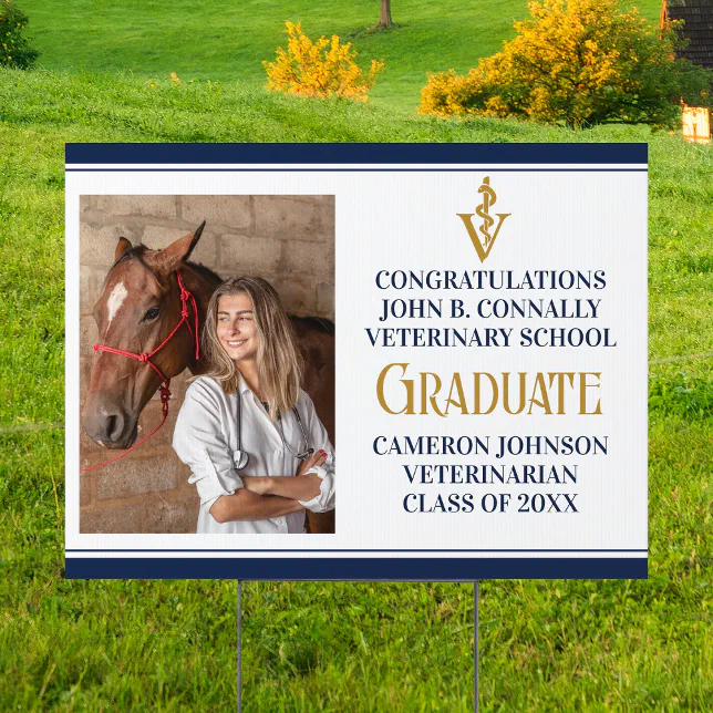 Navy Blue Veterinary School Graduation Photo Yard Sign | Zazzle