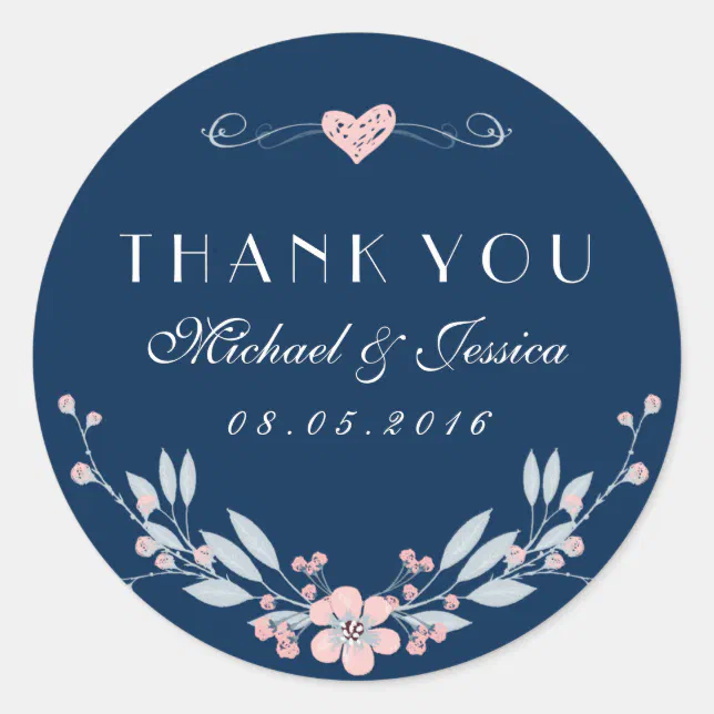 Navy Blue Vintage Flower Wedding Sticker with Love | Zazzle