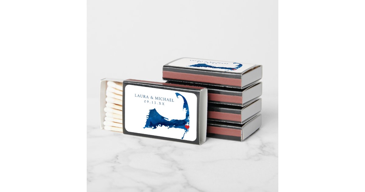 Navy Blue Watercolor Cape Cod Map Wedding Matchboxes | Zazzle