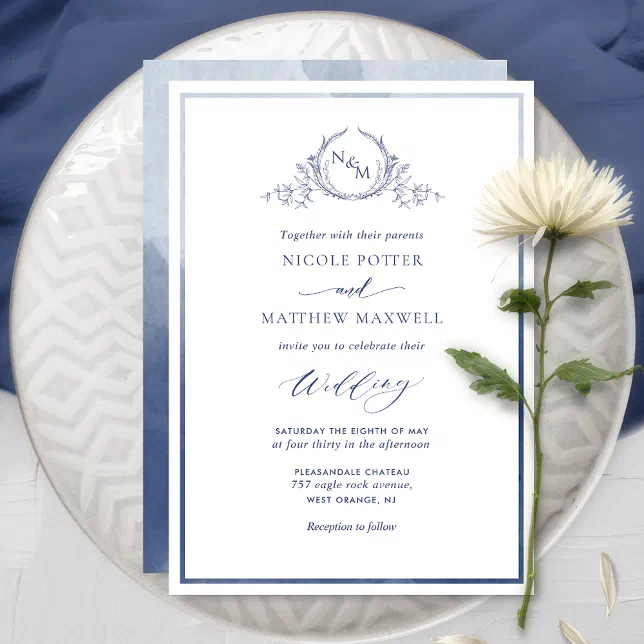 Navy Blue Watercolor Elegant Monogram Wedding Invitation | Zazzle