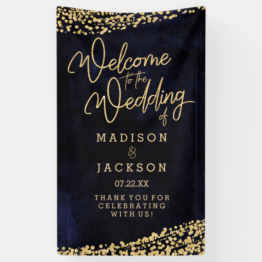Navy Blue Watercolor Gold Confetti Wedding Welcome Banner | Zazzle