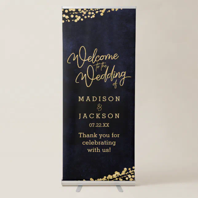Navy Blue Watercolor Gold Confetti Wedding Welcome Retractable Banner ...