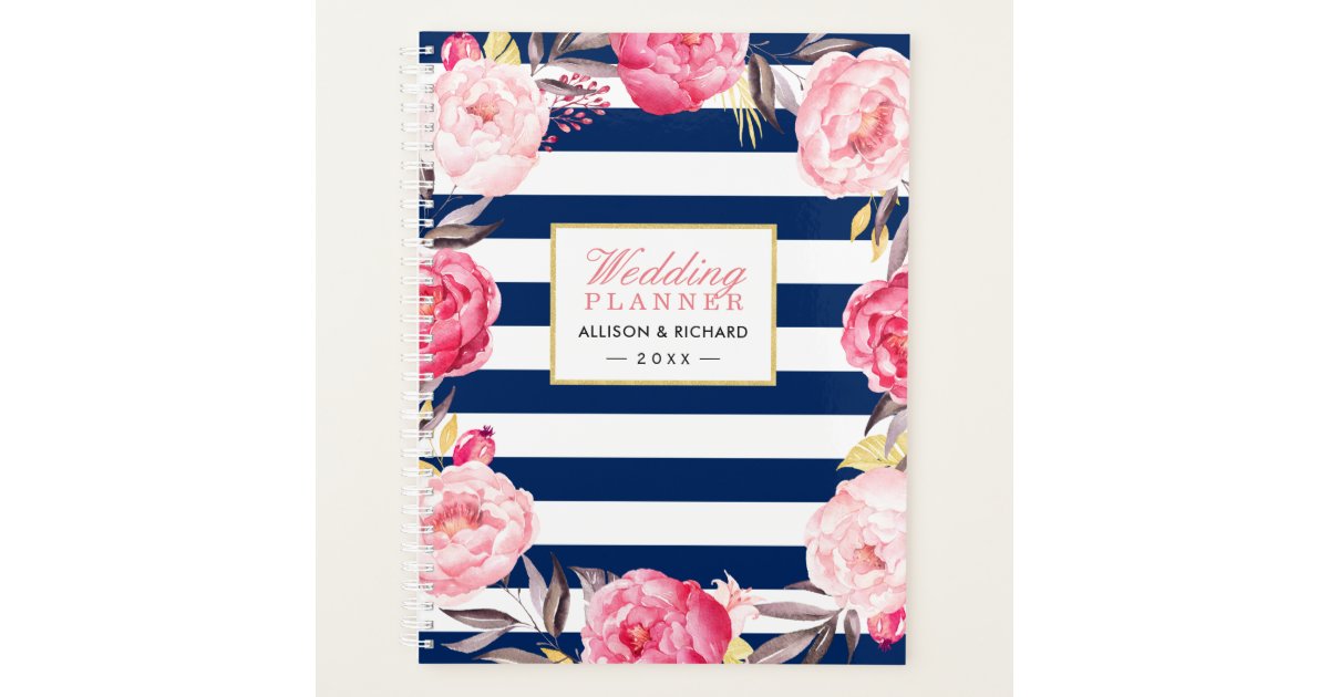 Navy Blue Watercolor Gold Pink Floral Wedding Planner | Zazzle