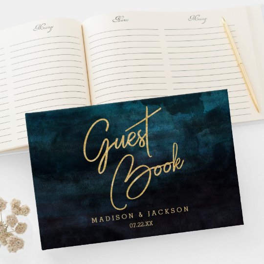 Navy Blue Watercolor & Gold Wedding Monogram Guest Book | Zazzle.com