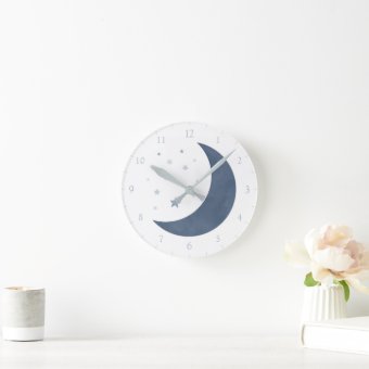 Navy Blue Watercolor Moon and Stars Round Clock | Zazzle
