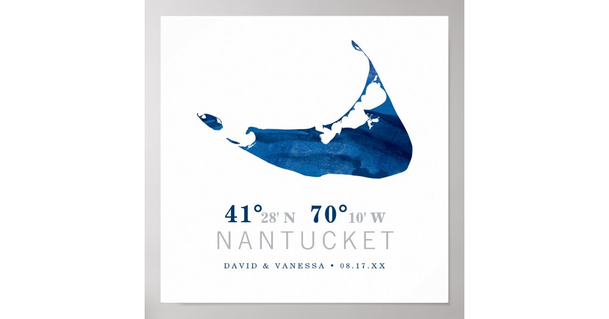 Navy Blue Watercolor Nantucket Map Coordinates Poster | Zazzle