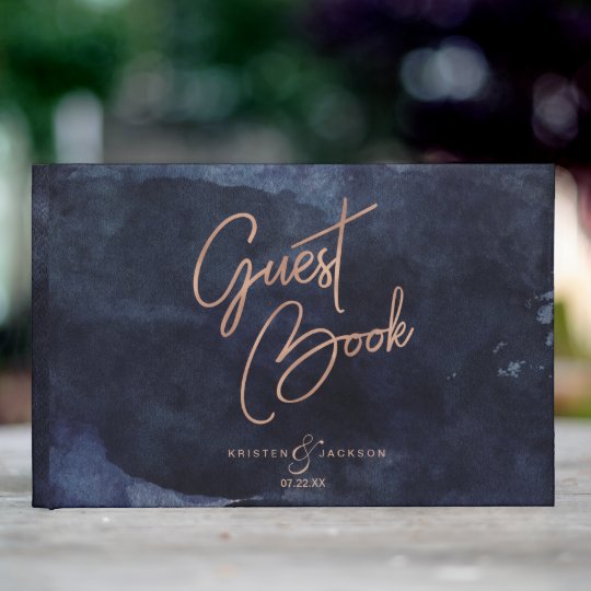 Navy Blue Watercolor & Rose Gold Wedding Monogram Guest Book | Zazzle.com