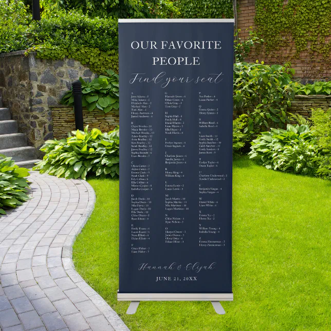 Navy Blue Wedding Alphabetical Seating Chart Retractable Banner | Zazzle