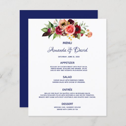 Navy blue Wedding Menu florals white burgundy | Zazzle