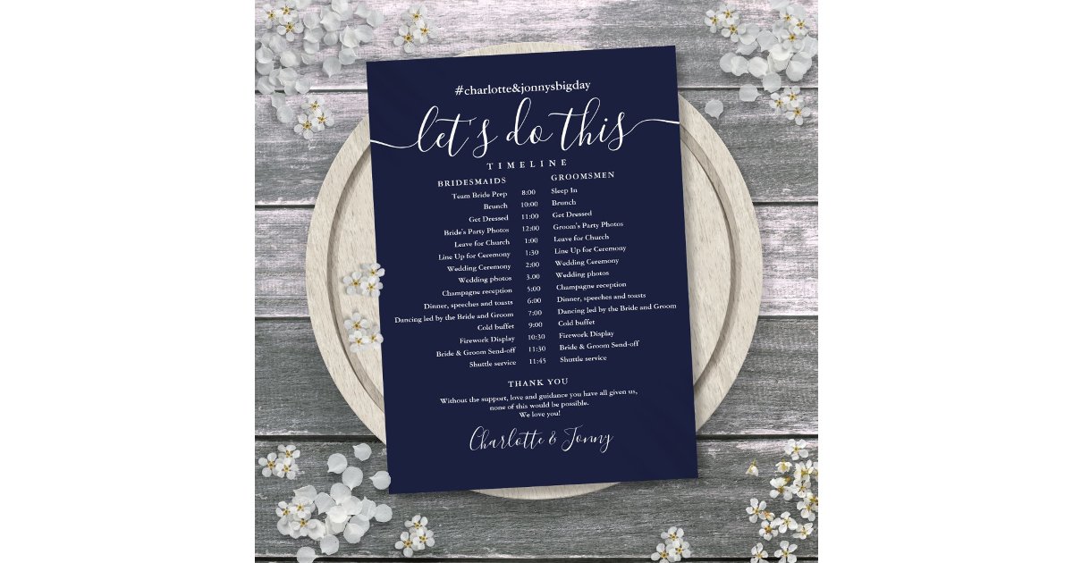 Navy Blue Wedding Schedule Timeline Card | Zazzle