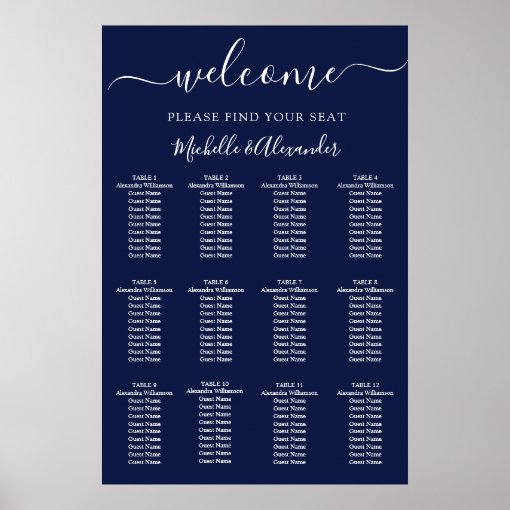 Navy blue wedding seating chart | Zazzle