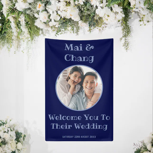 Navy Blue Wedding Welcome Sign Couple Photo Banner | Zazzle