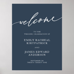 Navy Blue Welcome Calligraphy Simple Wedding Poster | Zazzle