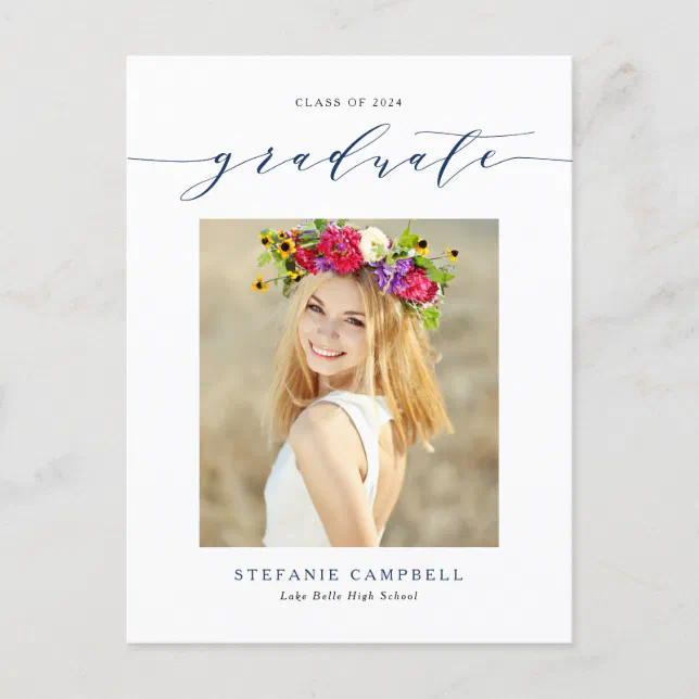 Navy Blue Whimsical Script Photo Graduation Announcement Postcard | Zazzle