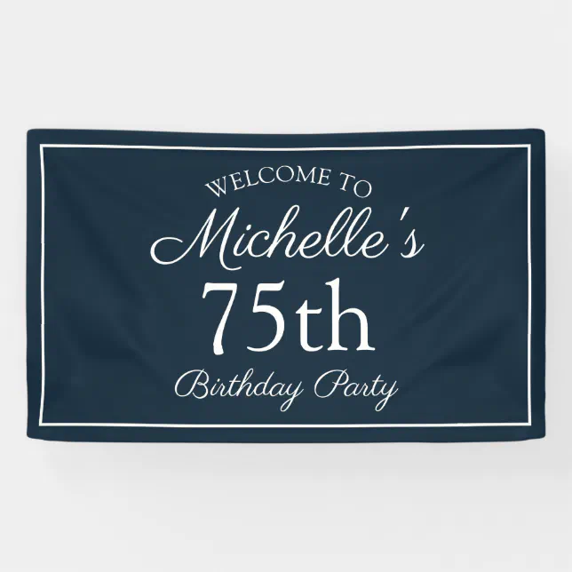 Navy Blue White 75th Birthday Party Banner | Zazzle