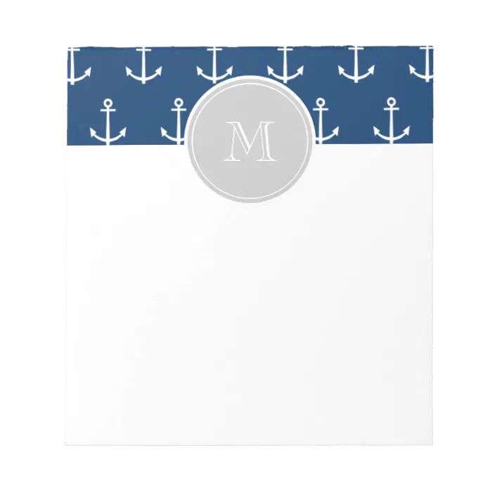 Navy Blue White Anchors Pattern Gray Monogram Notepad Zazzle