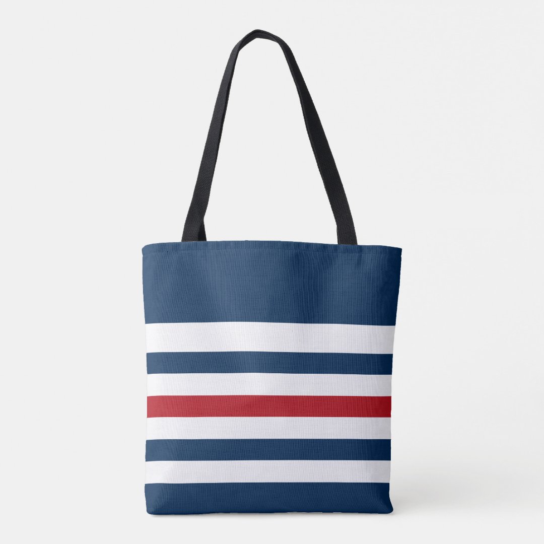 Navy Blue, White and Red Striped Tote Bag | Zazzle