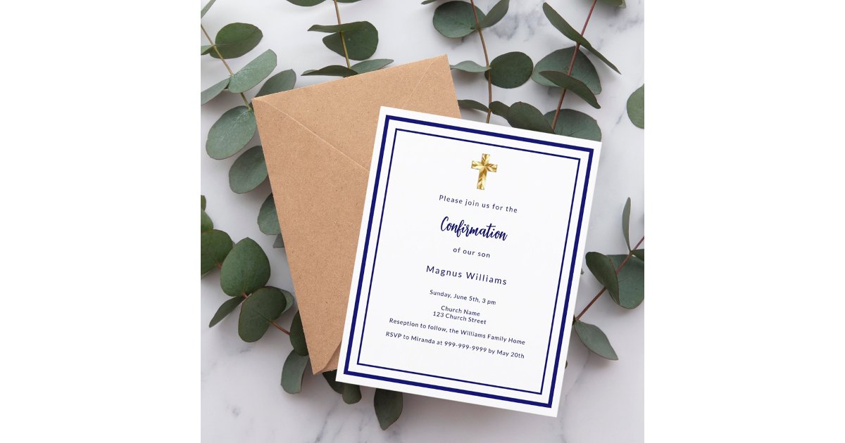 Navy blue white boy Confirmation invitation | Zazzle