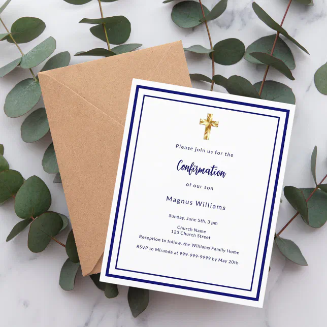 Navy blue white boy Confirmation invitation | Zazzle