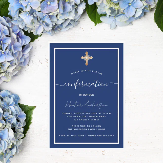 Navy blue white boy gold cross Confirmation Invitation | Zazzle