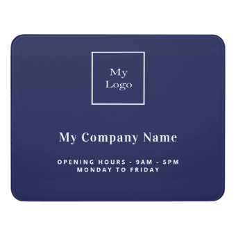 Navy blue white business logo name opening hours door sign | Zazzle