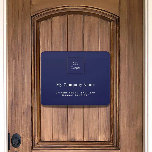 Navy blue white business logo name opening hours door sign | Zazzle