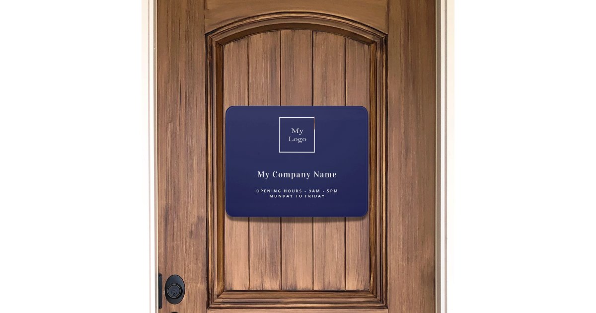 Navy blue white business logo name opening hours door sign | Zazzle