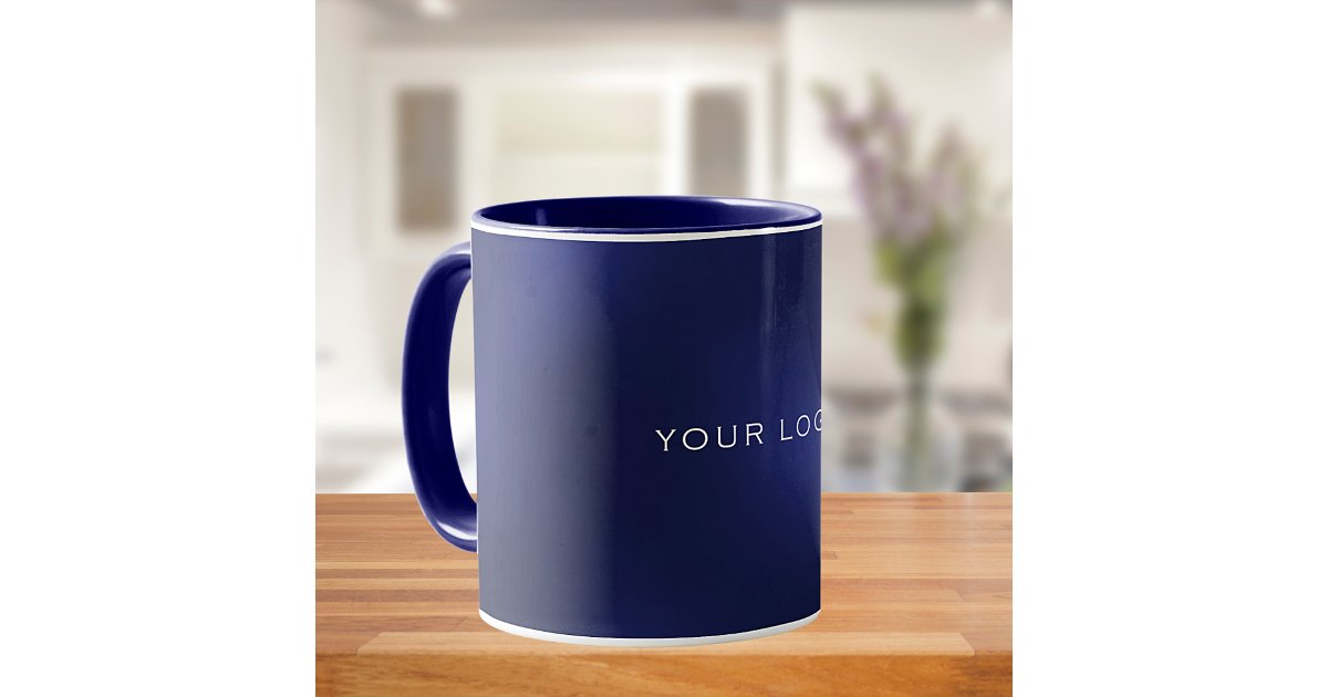 Navy blue white business logo rectangular mug | Zazzle