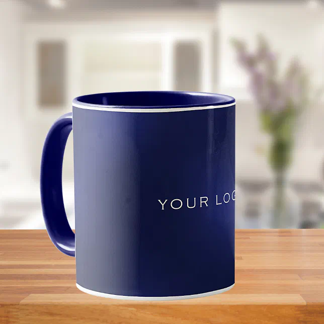 Navy blue white business logo rectangular mug | Zazzle