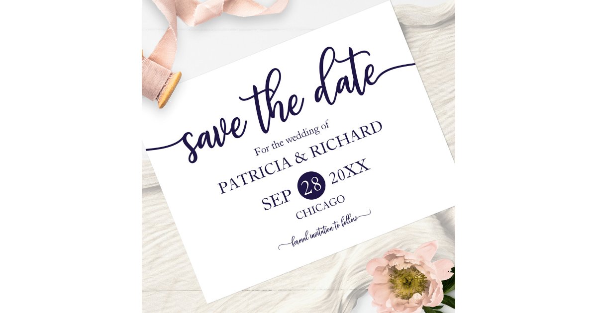 Navy Blue White Calligraphy Wedding Save The Date Postcard | Zazzle