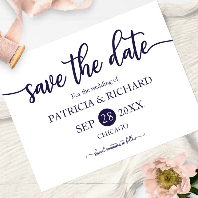 Navy Blue White Calligraphy Wedding Save The Date Postcard | Zazzle