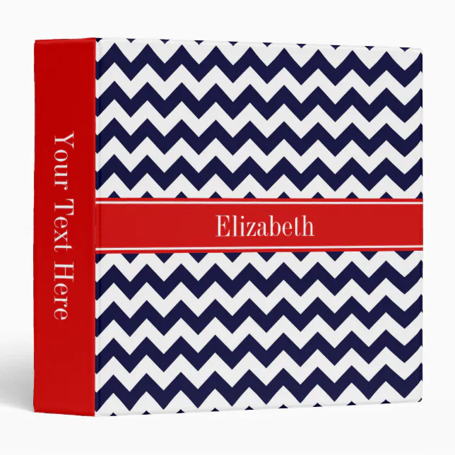 Navy Blue White Chevron Zig Zag Red Name Monogram Binder | Zazzle