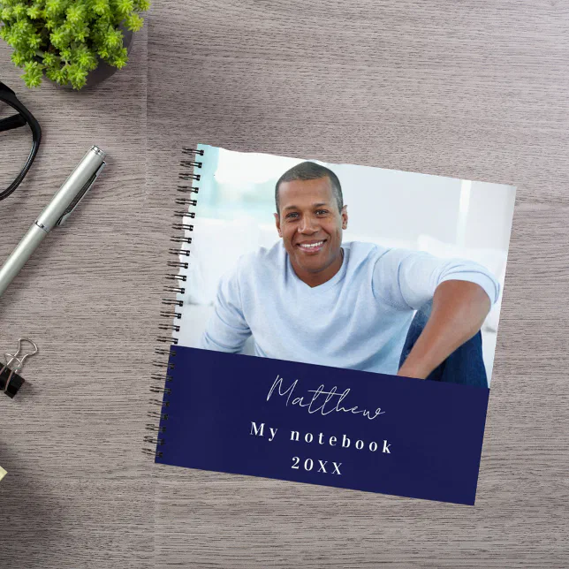 Navy blue white custom photo notebook | Zazzle