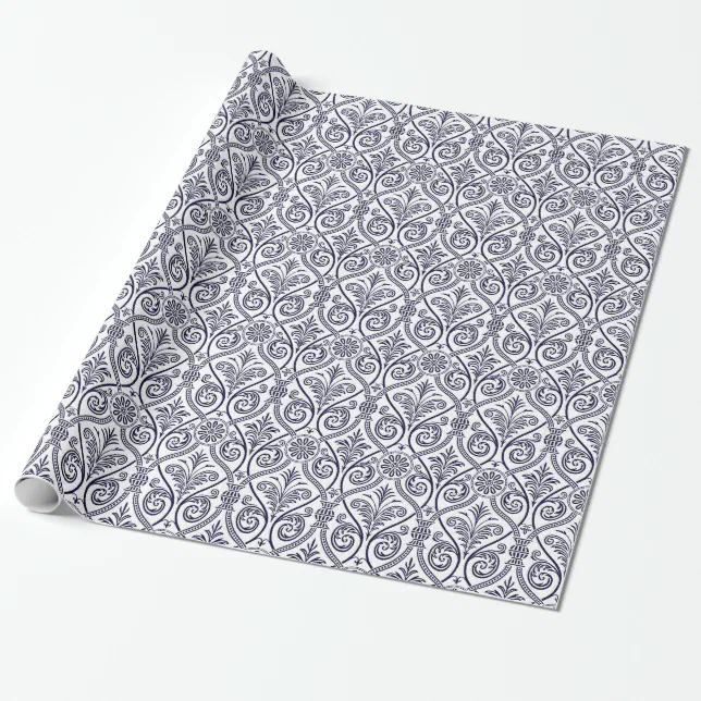 Navy Blue & White Damask Gift Wrap | Zazzle