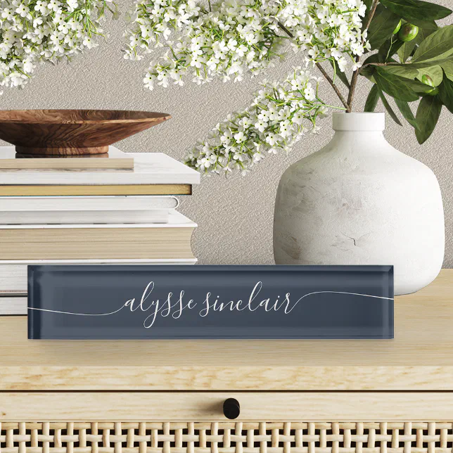 Navy Blue & White Elegant Calligraphy Script Desk Name Plate | Zazzle