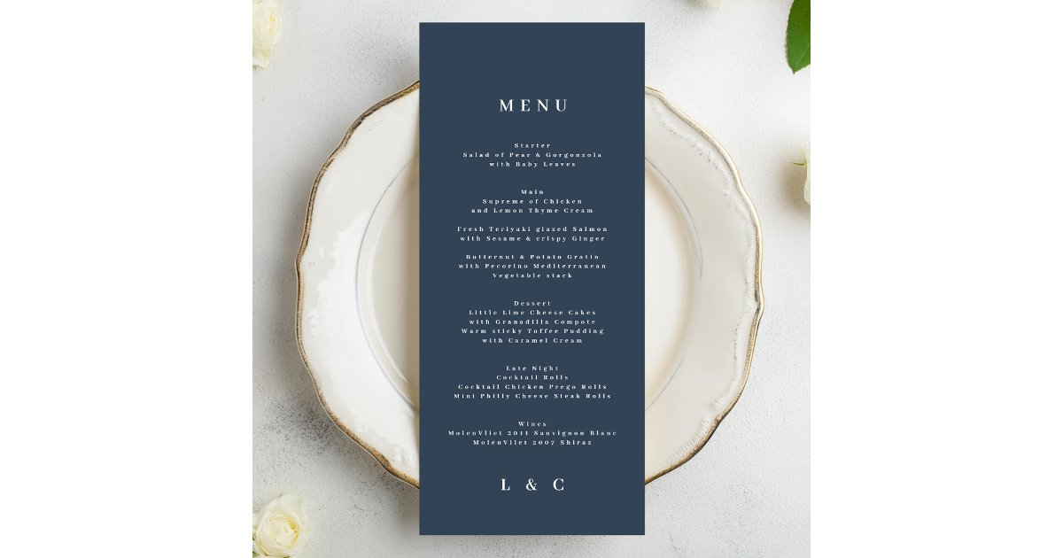 Navy Blue White Elegant Classic Wedding Menu | Zazzle