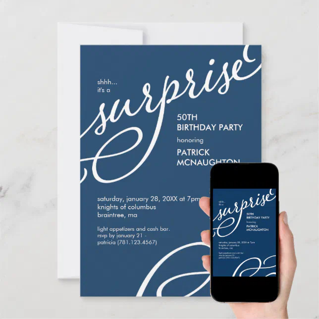 Navy Blue & White Elegant Surprise Birthday Party Invitation | Zazzle