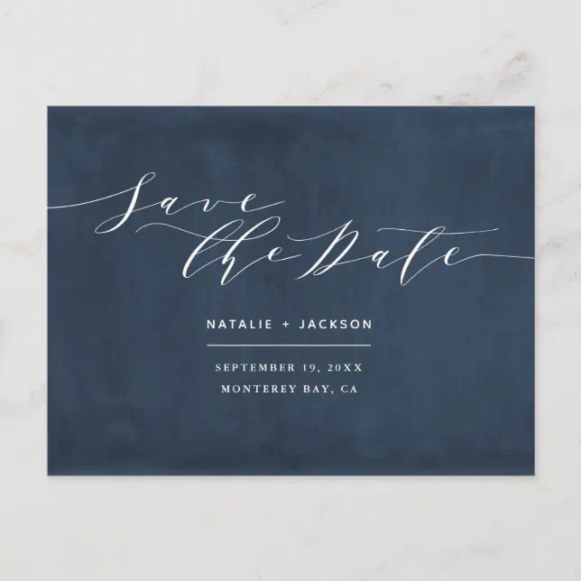 Navy blue + white elegant wedding save the date postcard | Zazzle