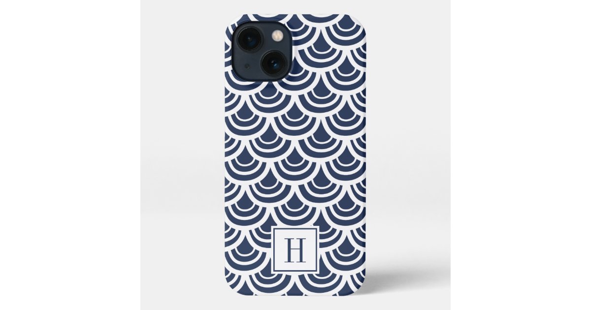 Navy Blue & White Fishscale Pattern Monogram iPhone Case | Zazzle