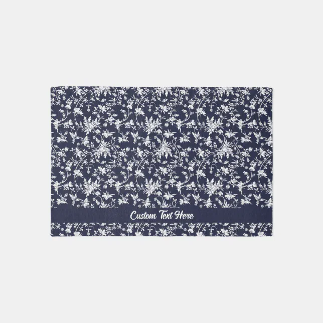 Navy Blue White Floral Pattern Personalized Text Rug | Zazzle