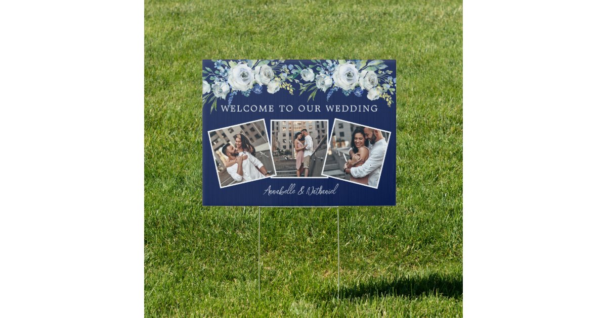 Navy Blue White Floral Photo Collage Wedding Yard Sign | Zazzle