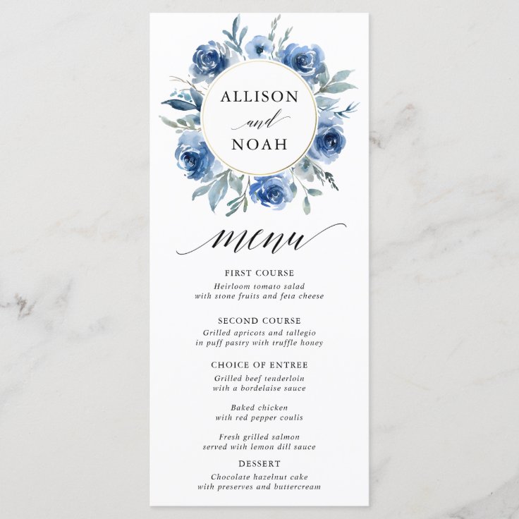 Navy blue white floral watercolor wedding menu | Zazzle