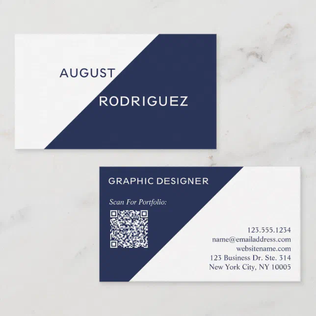 Navy Blue White Geometric Custom QR Code Business Card | Zazzle