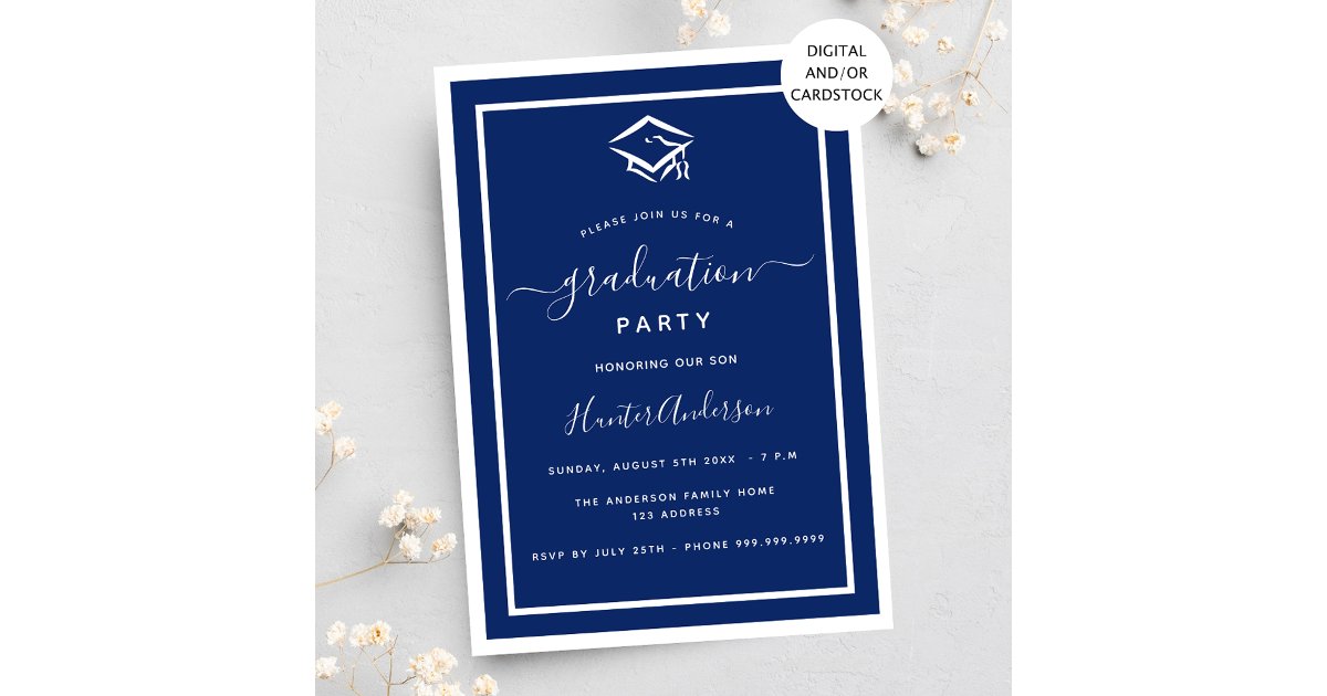 Navy blue white graduation party invitation | Zazzle