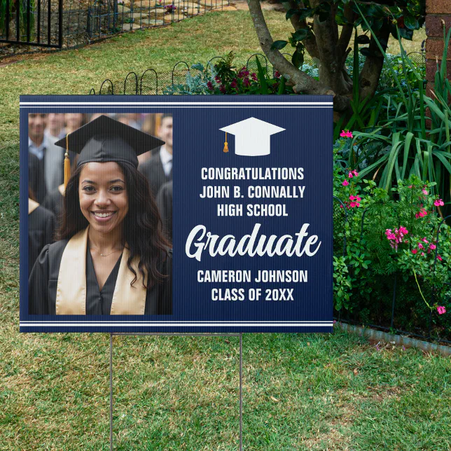 Navy Blue White Graduation Photo Graduate Yard Sign | Zazzle